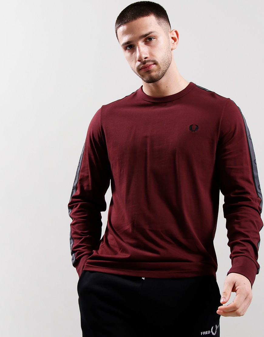 Fred Perry Brand Tape Long Sleeve T -shirt Oxblood - Terraces Menswear