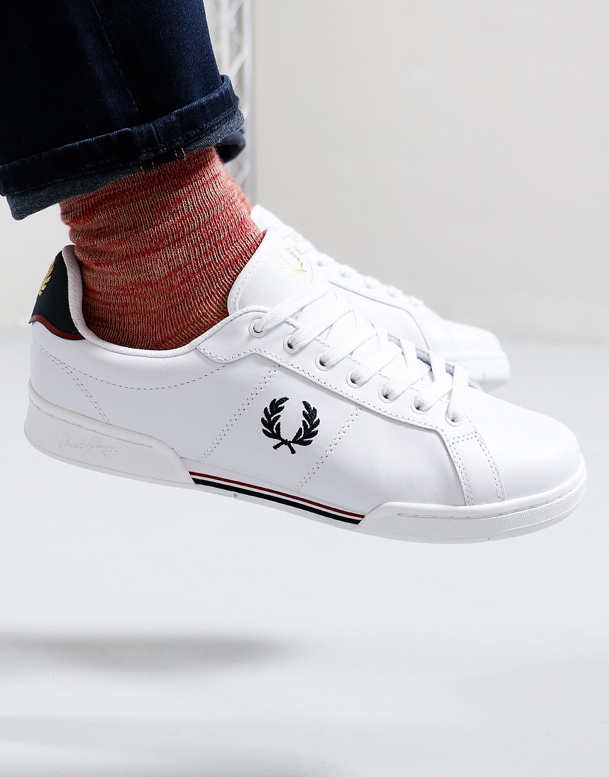 Fred Perry B722 Leather Trainers White/Navy - Terraces Menswear