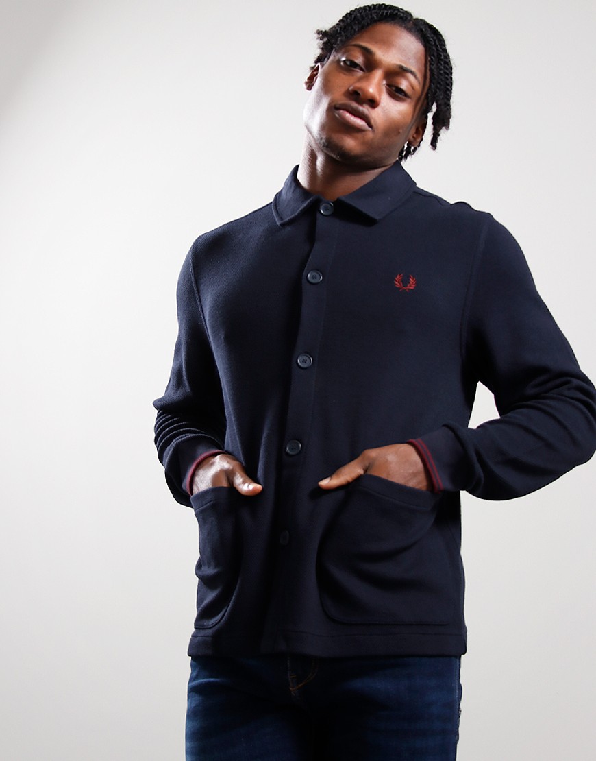 Fred Perry Button Pique Overshirt Navy - Terraces Menswear