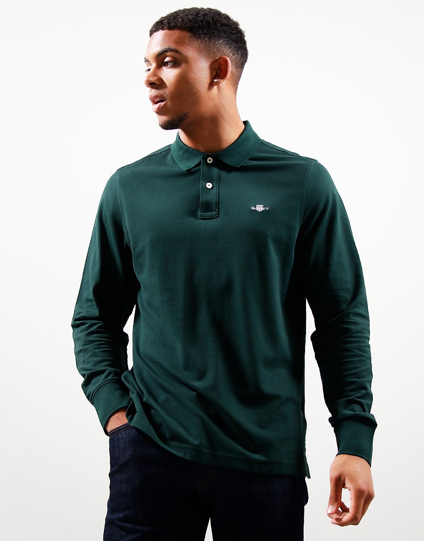 GANT Shield Long Sleeve Pique Polo Shirt Tartan Green - Terraces Menswear